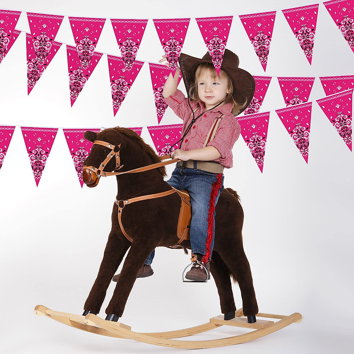 5 Pack Western Cowgirl Bandana Pennant Banner Rose Red Wild West Party Accessory for Western Cowgirl Themed Party Decoration, 10.8 x 7.5 Inch, Rose Red