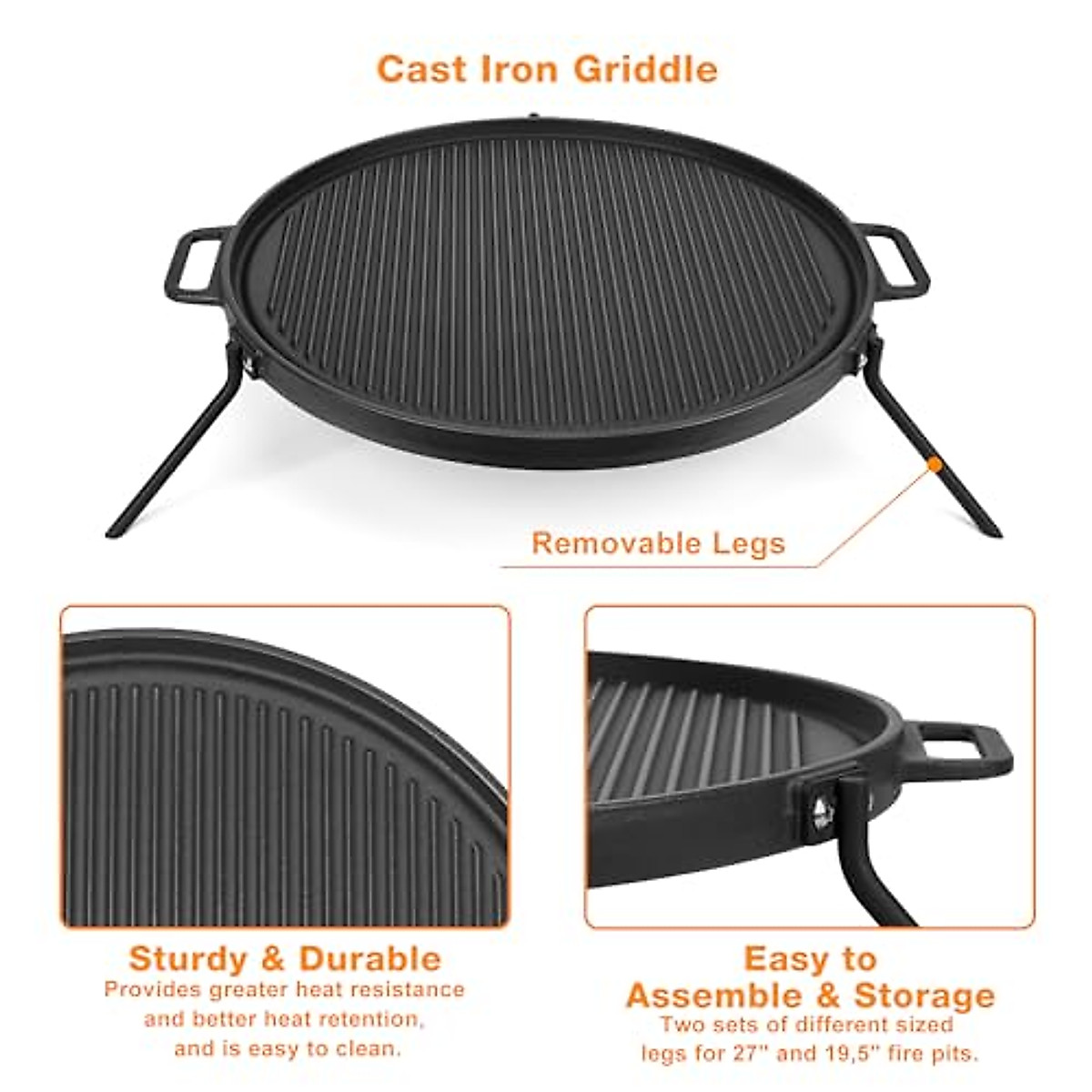 Onlyfire Chef Cast Iron Griddle, Grill Cookware for Solo Stove Bonfire 19.5" Fire Pit and Yukon fire Pit, Portable Round Iron Pan with 3 Removable Legs for Outdoor BBQ Cooking & Camping