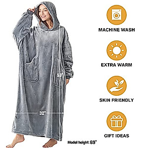 BEDELITE Fleece Wearable Blanket Hoodie with Sleeves and Pocket, Long Oversized Blanket for Women Men&Teen,plush size-Grey 53"x32"