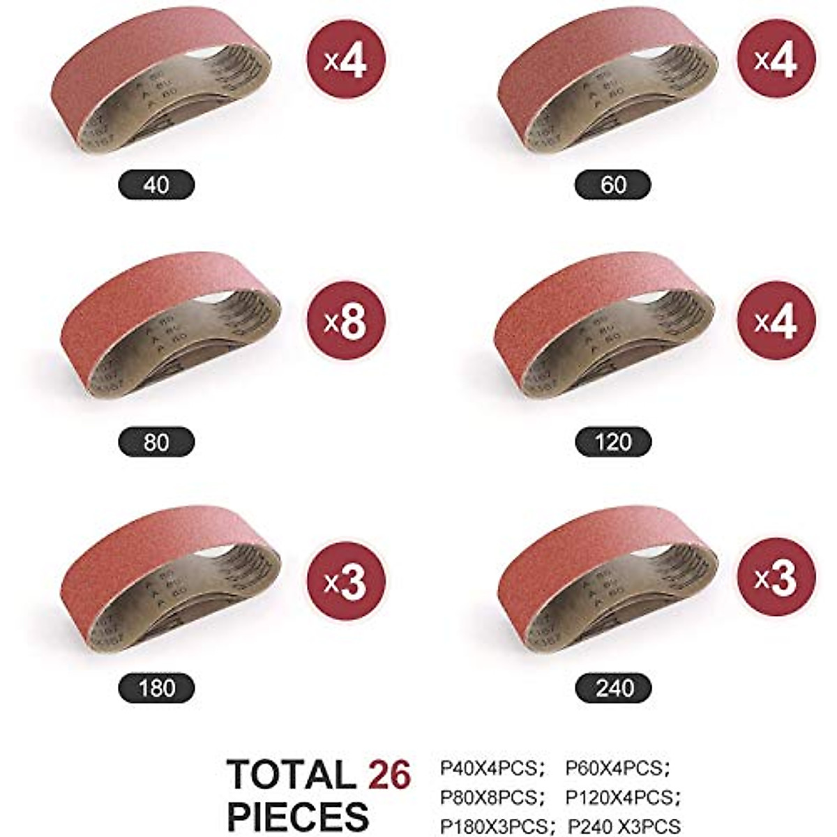 Jellas 26PCS 3 x 21-Inch Aluminum Oxide Sanding Belts, 40/60/80/120/180/240 Assorted Grits Abrasive Belts for Belt Sander