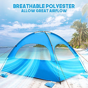 MIRUS Beach Tent, 2-3 Person Sun Shade Shelter with UPF50+ Protection Extended Floor & 3 Ventilating Roll Up Windows Carrying Bag Stakes and Tiedown Strings, Sky Blue
