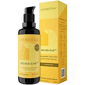 CYMBIOTIKA Vitamin D3 + K2 + CoQ10 Liquid, Vitamin D Supplement for Immune Support, Heart Health & Bone Health, Energy Booster, Liposomal Delivery, Vegan, Keto Ingredients, Tangerine Flavor