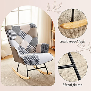 Fahomiss Nursery Rocking Chair - Accent Rocking Chair for Nursery, 330lbs Weight Capacity Glider Rocking Chair Upholstered with Patchwork Linen Fabric for Living Room Bedroom(x1, Elegant Grey)