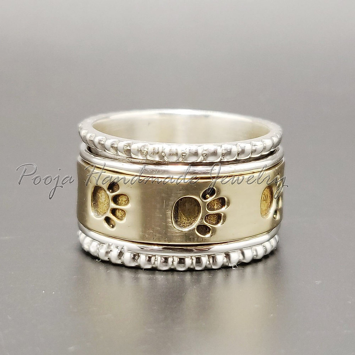 Paw Print Spinner Ring, Solid 925 Sterling Silver Ring, Brass Footprint Ring, Meditation Ring, Handmade Ring and Paw Symbol Spinner Ring for Women, Anxiety Ring, Mediation Ring and Fidget Spinner Ring