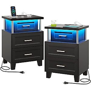 VIAGDO Black Nightstand Set of 2, LED Night Stand Set 2 with Charging Station, Modern Nightstand with 3 Drawers, Vintage Bedside Tables, End Side Table with Storage for Bedroom, Office