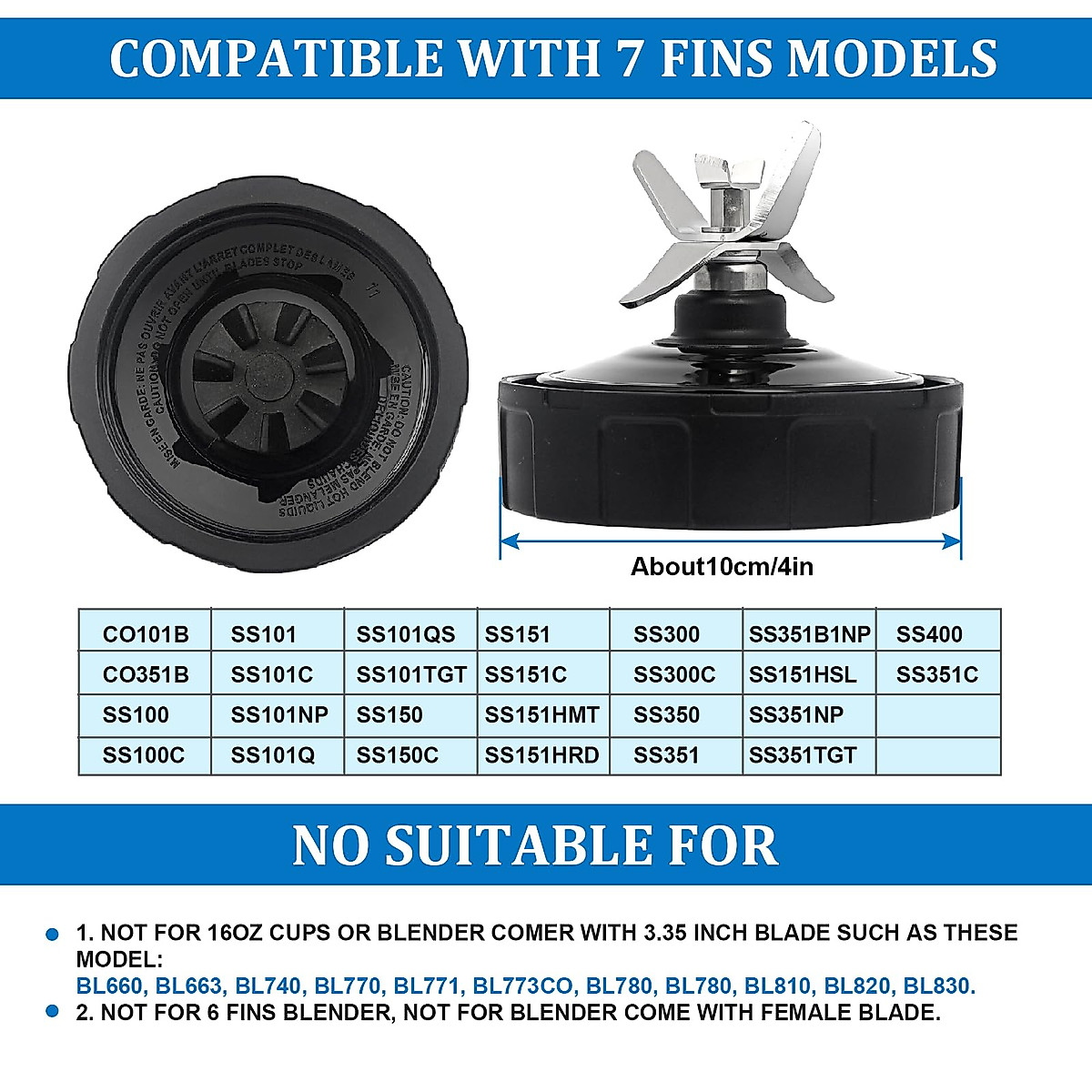 SS101 Blender Blade Replacement for Ninja, 7-Fins Blender Blade Compatible with Nutri Ninja Foodi Power Blender SS150,SS151,SS300, SS350,SS351, SS351TGT, CO351B, SS100, SS101, SS101C, CO101B