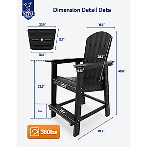 YEFU Balcony Chair, Tall Adirondack Chair Set of 2 with Connecting Tray, Poly Lumber Adirondack Chair Bar Stools, Patio Stools, 380lbs, Weather Resistant for Outdoor Deck Lawn Pool Backyard-Black