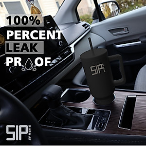 SIP SPHERE 40oz, Travel Mug, Insulated Thermal Mug, 2 Straw Tumbler, Reusable Coffee Mug, Drinking Glass, Tumbler Cup for Coffee, Tea, Whiskey, Juice (Midnight Black)