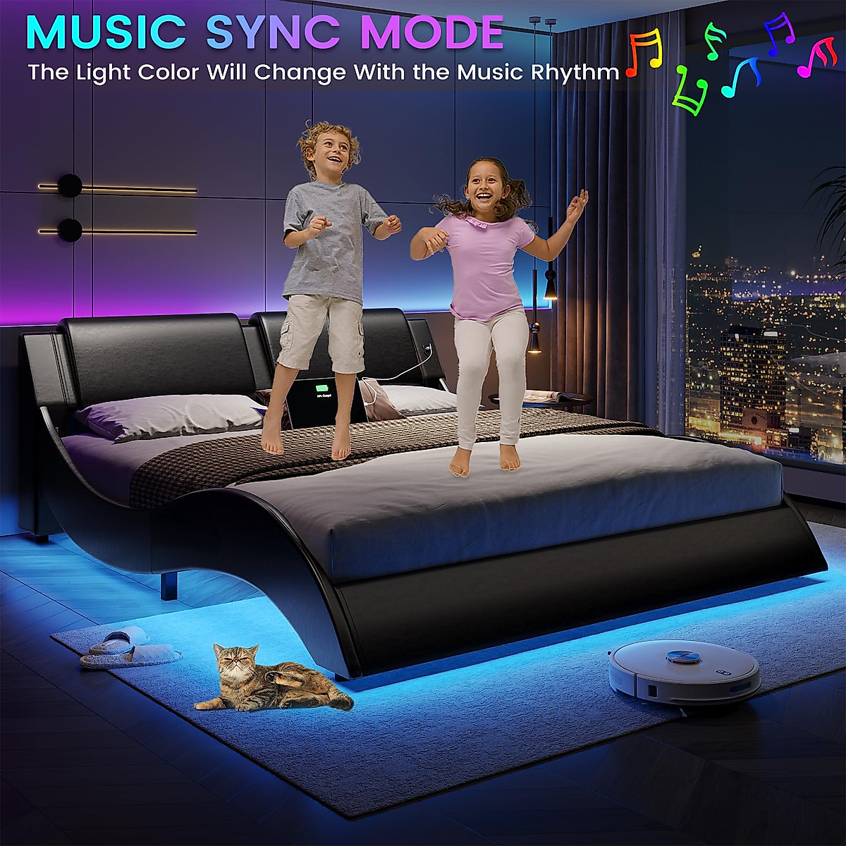 DICTAC Queen Bed Frame with Led Lights and Charging Ports Modern Faux Leather Upholstered Queen Size Platform Bed with Headboard Wave Like Curve Low Profile Bed,Wood Slats Support,Easy Assembly,Black