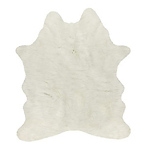 Luxe Faux Cowhide Rug for Rustic and Western Decor | Low Pile Faux Fur Rug with Off White Cow Print | Cruelty-Free Fade Resistant Living Room Rugs | 4-1/4 x 5 ft