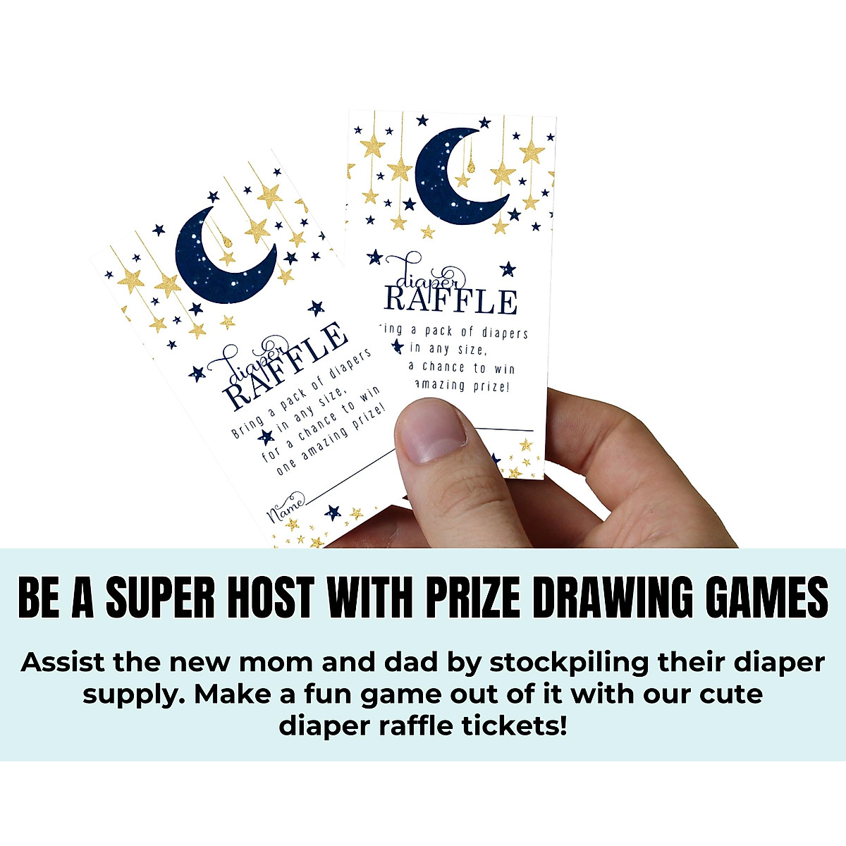 Twinkle Little Star Diaper Raffle Tickets, Celestial Baby Shower Games for Prizes, Navy and Gold Baby Shower Diaper Raffle Invitation Insert Cards, 50 Pack
