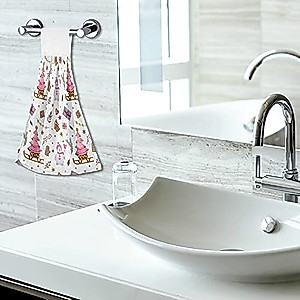 FFYHO Pink Winter Snowman Hanging Kitchen Towel with Loop 2 Pack Christmas Xmas Hand Towels Soft Microfiber Coral Velvet Tie Towel Decor for Bathroom Oven Absorbent Washcloth