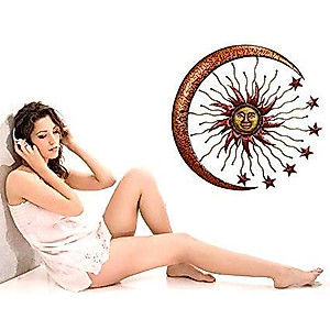 Bellaa Metal Wall Art Sun Moon Stars Celestial Indoor Outdoor Hanging Garden 3D Sculpture Retro Plaques Home Decor Large 36 inch