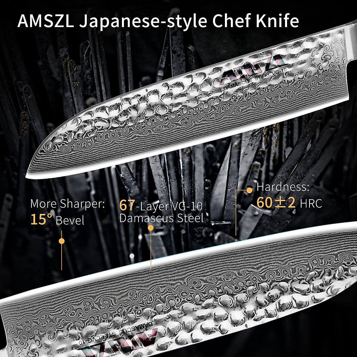 AMSZL 7 Inch Chef Knife, Damascus VG10 Super Steel, Ultra Sharp Santoku Kitchen Knife, Ebony Handle, Gift Box