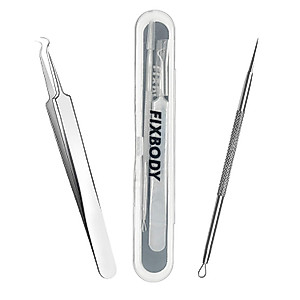 FIXBODY Blackhead and Splinter Remover Tools - Stainless Steel Professional Easily Cure Pimples Whiteheads Comedones Acne Zit Ingrown Hairs and Facial Impurities Bend Head Tweezer Surgical Kit
