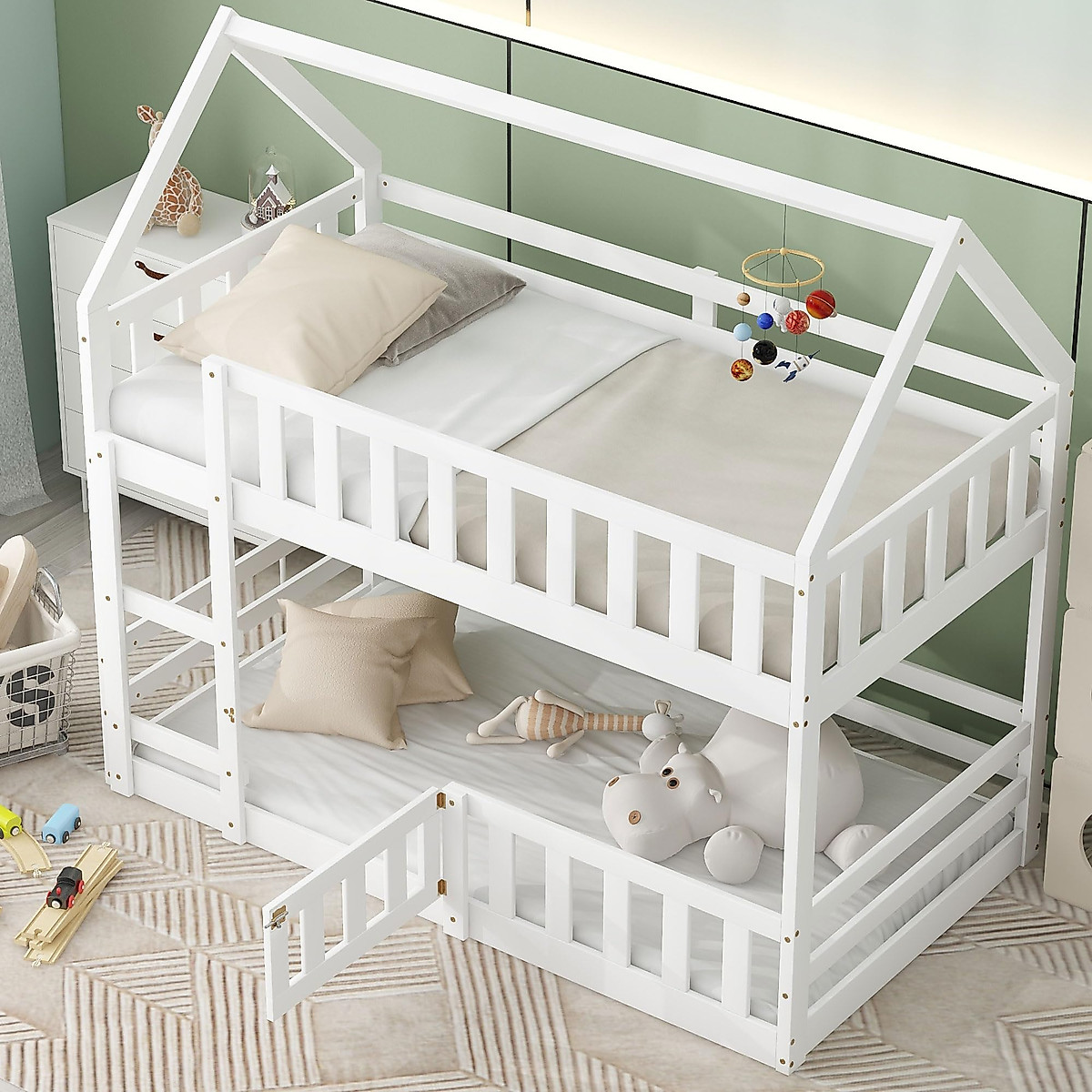 RuiSiSi Twin Size Floor Low Bunk Bed with Fence and Door, Wood Bunk Bed Frame with Guardrails and Ladder, House Shaped Bunk Bed for Kids, White