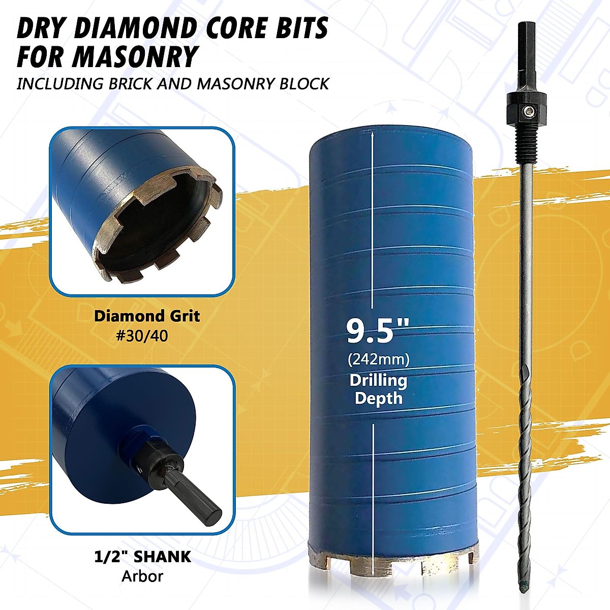 4-1/4" Dry Diamond Core Drill Bits for Brick and Block with 1/2" Shank Pilot Bit Adapter, 9.5" Drilling Depth, 5/8"-11 Arbor