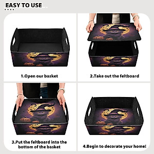 YETTASBIN Halloween Cat Felt Storage Baskets with Handle, Collapsible Open Storage Bin Drawers Storage Box for Shelf Closet Office Bedroom Nursery Home, 14 x 5 x 10 Inch