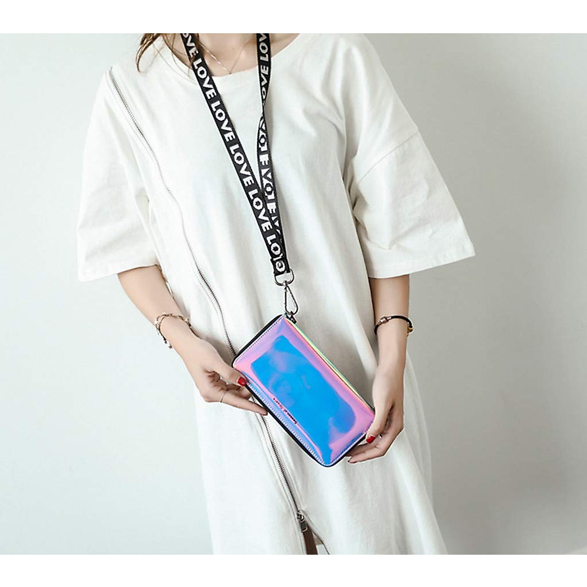 Marchome Holographic Clutch Wallet Iridescent Cellphone Handbag with Removable Lanyard (Blue, One Neck Lanyard)