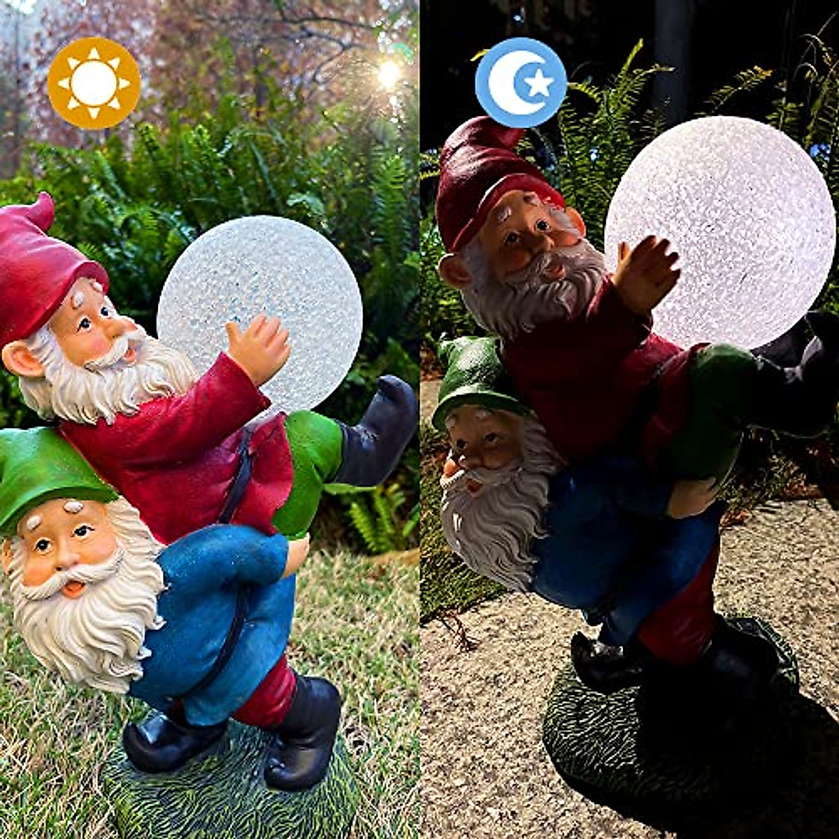 Raywer Solar Powered 2 Gnomes Playing with Ball , Decorated Solar Light, Garden Decorations Statues , Garden Light Decor for Lawn Ornaments, Resin Garden Figurines (2 Gnomes with a Glass Ball)
