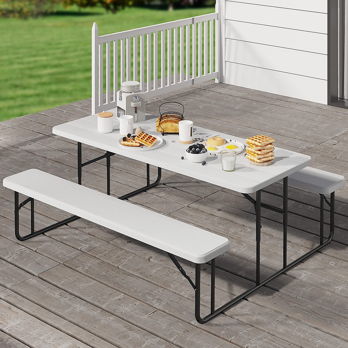 YITAHOME 6FT Large Folding Picnic Table w/Easy Assembly Steel Frame & Wood Like Tabletop, All Weather Folding Picnic Tables with benches Ideal for Yard Patio Lawn Party, White