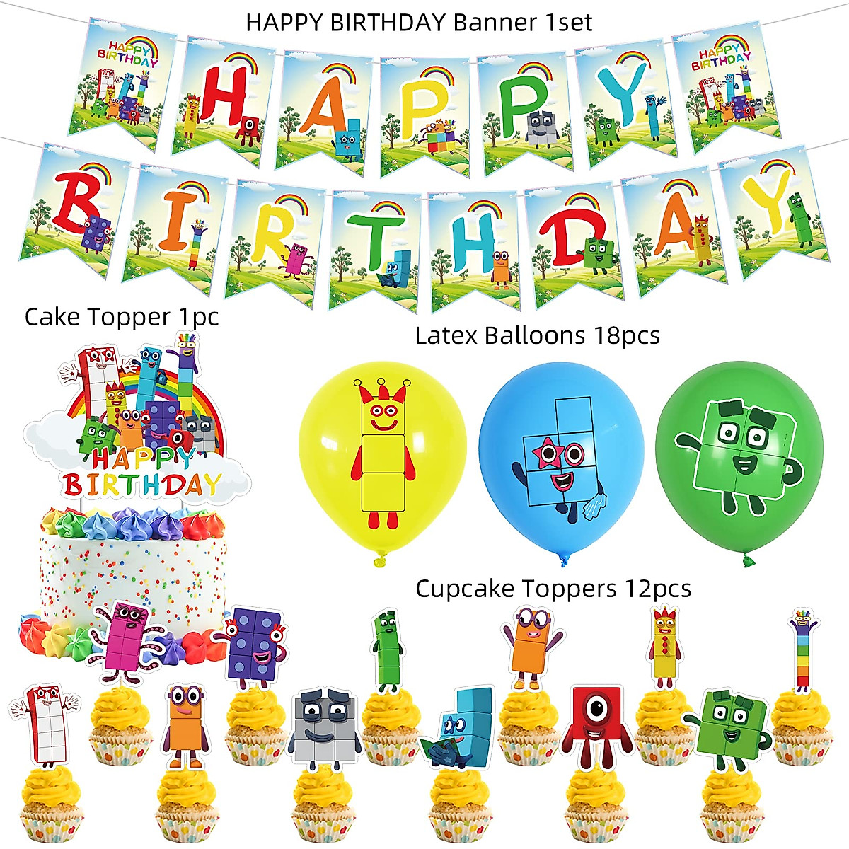 Number Birthday Party Supplies,Number Theme Including Cake caps,Cupcake caps,Flags,Latex Balloons,It is Very Suitable for Boy's and Girl Themed Birthday Party Supplies.