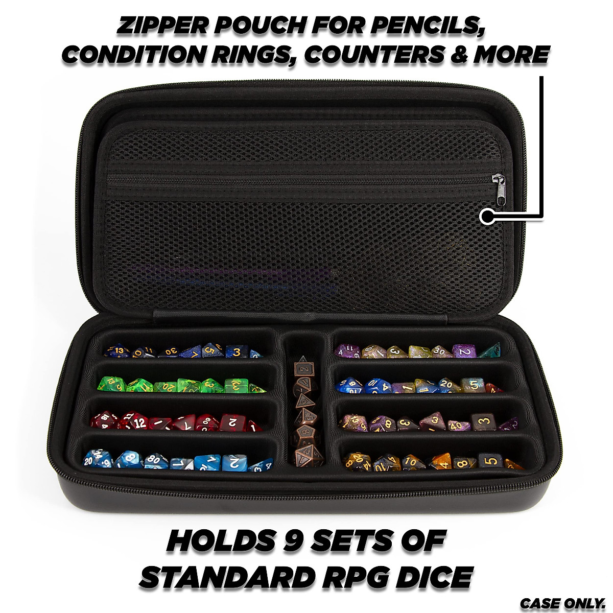 CASEMATIX Dice Box and Card Case for 9 Sets of RPG Dice, Spell Cards, Counters and Other Accessories - Hard Shell Dice Holder with Embossed Dragon Design, Carry Handle and Dice Tray Functionality