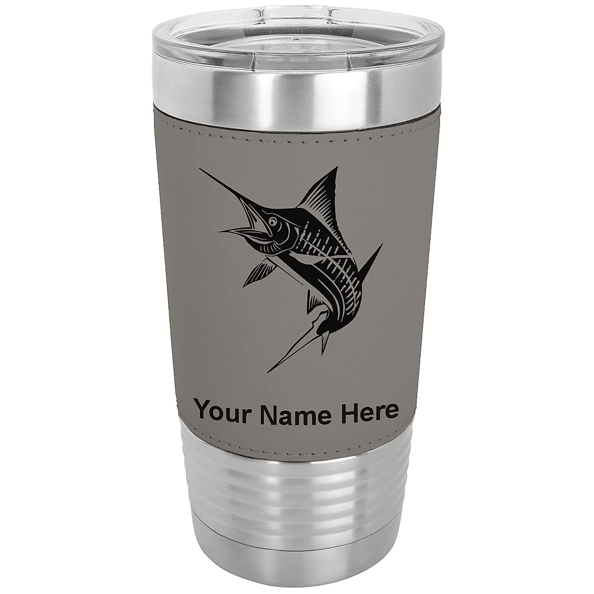 LaserGram 20oz Vacuum Insulated Tumbler Mug, Marlin Fish, Personalized Engraving Included (Faux Leather, Gray)