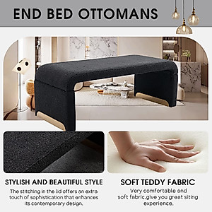 NIOIIKIT 43.3'' Ottoman Bench with Boucle Fabric, Faux Fur End of Bed Bench with Golden Metal Legs, Upholstered Entryway Bench for Living Room, Bedroom, Entryway (Black)