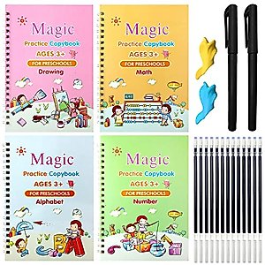 4 PCS Magic Practice Copybook for Kids, Handwriting English Reusable Magical Ink Practice Copy Books for Kids Preschools Tracing Book Letter Writing Book