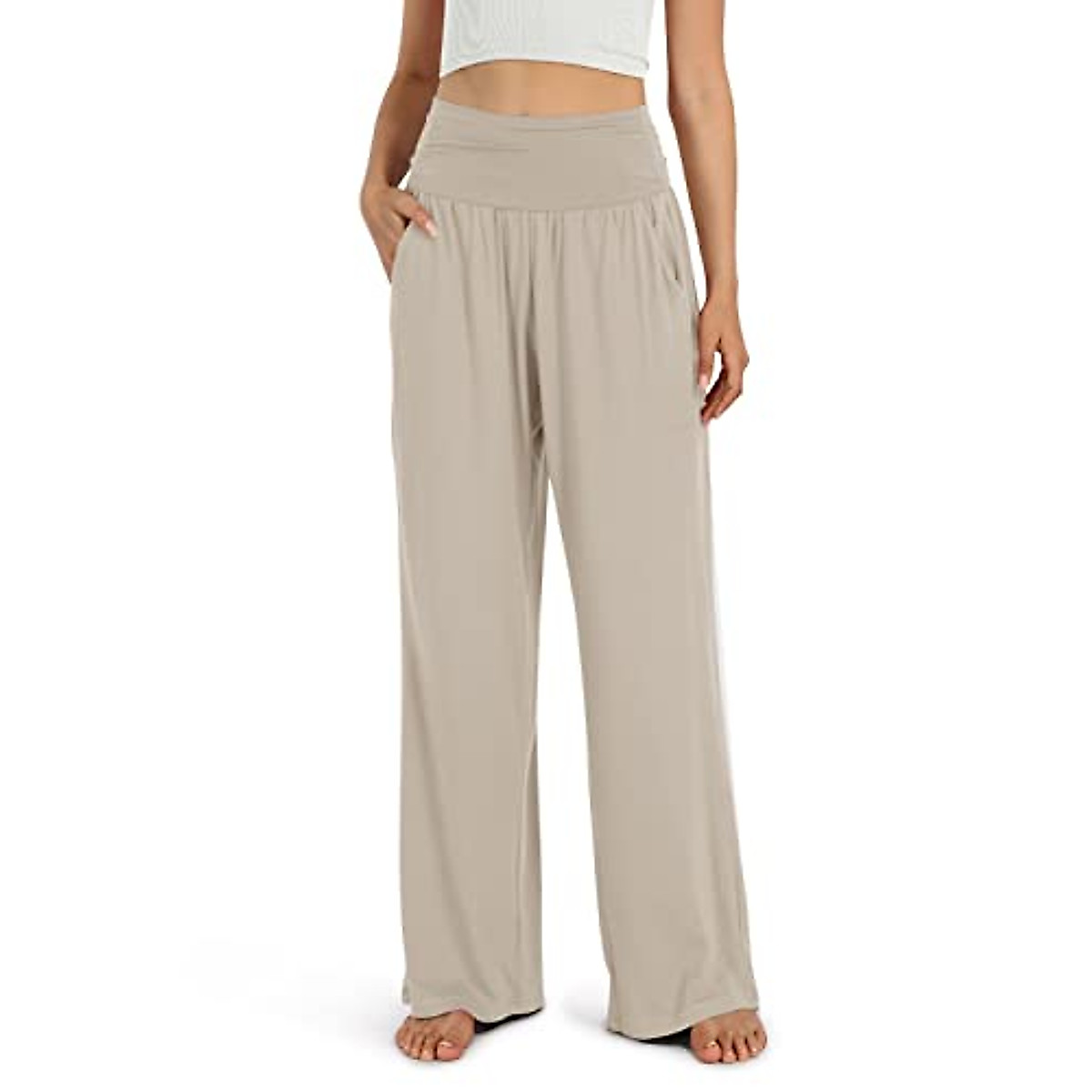 ODODOS Women's Wide Leg Palazzo Lounge Pants with Pockets Light Weight Loose Comfy Casual Pajama Pants-28 inseam, Light Beige, X-Large