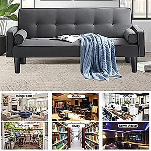 Hooseng Modern Futon Sofa Bed, Upholstered Convertible Folding Sofa Couch with 2 Bolster Pillows, Button Tufted Fabric Couch for Small Spaces, Living Room, Lounge, Apartment, Office, Blue