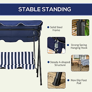 Outsunny 3-Seat Outdoor Patio Swing Chair with Removable Cushion, Steel Frame Stand and Adjustable Tilt Canopy for Patio, Garden, Poolside, Balcony, Backyard, Dark Blue