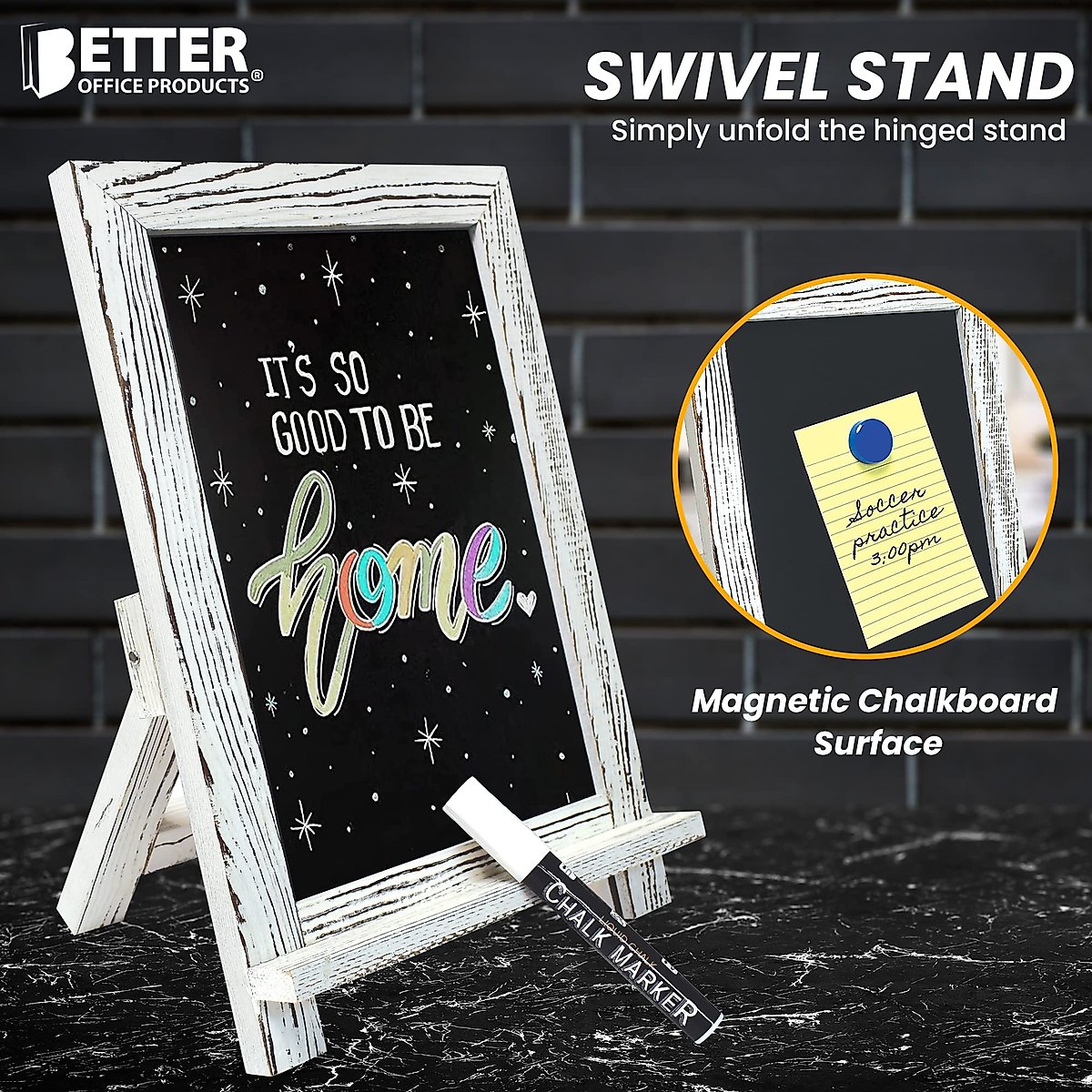Better Office Products Framed Tabletop Chalkboard Sign, 9.5" x 14", Rustic Wood Frame, Small Magnetic Chalkboard with Built-in Ledge and Folding Stand, One White Chalk Marker Included,(Whitewash)