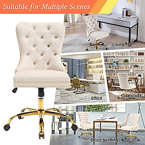 KCC Velvet Home Office Chair with Gold Metal Base & Nailhead Trim, Modern Swivel Upholstered Tufted Task Chair, Adjustable Wingback Armless Desk Chair for Living Room/Bedroom(Beige)
