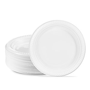 PLASTICPRO 200 PCS White Plastic Round Plastic 7 Inch Plates Premium Quality Light Weight Disposable Plastic Dishes Dinner Plates for Parties Weddings