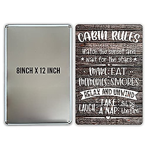 QIONGQI Funny Cabin Rules Metal Tin Sign Wall Decor, Farmhouse Wooden Style Cabin Sign for Home Decor Gifts