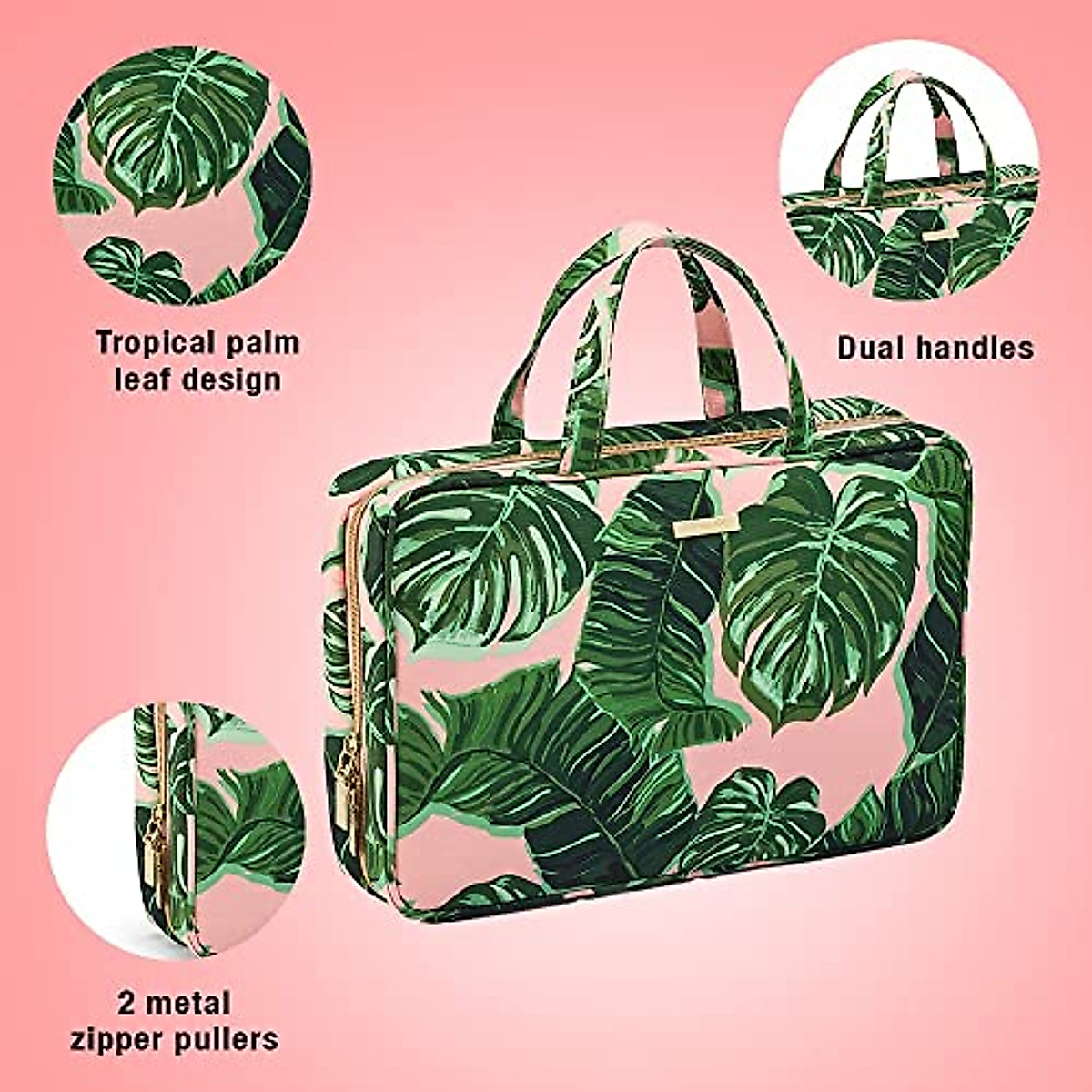 Conair Travel Makeup Bag, Large Toiletry and Cosmetic Bag with Internal Organizer, Perfect for Weekend Getaways or Long Vacations, Weekender Shape in Pink Palm Print