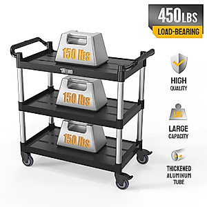 TUFFIOM Plastic Service Utility Cart with Wheels,Heavy Duty 450lbs Capacity, 3-Tier Commercial Rolling, Ideal for Restaurant, Foodservice, Office, Warehouse, Black 40.4''L x 19.7''W x 38.6''H