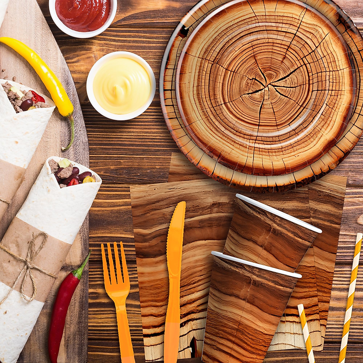 Xenorik Wood Grain Slice Paper Plates And Napkins Party Supplies For Birthday Baby Shower Wedding - Wooden Plates, Cup, Napkin, Fork, Lumberjack Camping Hunting Party Decorations Tableware | Serve 24