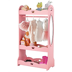 Costzon Kids Dress up Storage Wardrobe, Toddler Armoire Dresser Wardrobe w/Mirror & Cloth Hanger, Cute Crown Patterns, Pretend Costume Closet Toy Organizer, Perfect for Kids Bedroom, Playroom (Pink)