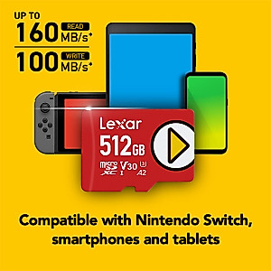 Lexar 512GB PLAY microSDXC Memory Card, UHS-I, C10, U3, V30, A2, Full-HD Video, Up To 160/100 MB/s, Expanded Storage for Nintendo-Switch, Gaming Devices, Smartphones, Tablets (LMSPLAY512G-BNNNU)