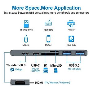 XUNMAIFHB Portable Docking Station,Dual Type-c USB C MacBook pro to HDMI TF Card Reader HUB Docking Station 4K Thunderbolt3 USB-C SD MicroSD USB 3.0 Fast Transmission