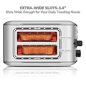 Toaster 2 Slice Wide Slot, CUSIBOX Stainless Steel Toaster Bread Toaster with Removable Crumb Tray, 7 Bread Browning Settings, REHEAT/DEFROST/CANCEL Function, 750W, ST013