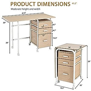 Tangkula Folding Computer Desk with 3 Storage Drawers, Mobile Home Office Desk Study Writing Desk with Smooth Wheels, Space Saving Compact Desk for Dorm Apartment, Rolling Folding Desk Table