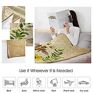 Bee Throw Blanket 50" x 60", Lightweight Super Soft Bed Blanket for Bedroom Living Rooms, Cozy Fleece Comfy Microfiber Throw Blankets for Couch Sofa, Hexagonal Pattern Honeycomb Beehive Sunflower
