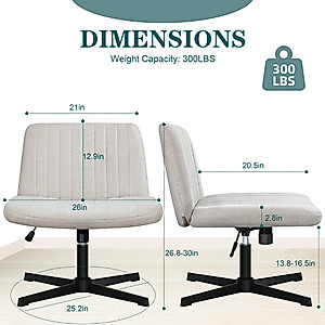 Shintenchi Criss Cross Chair, Armless Cross Legged Office Desk Chair with Fabric Padded Seat No Wheels, Swivel Height Adjustable Mid Back Wide Seat Computer Task Vanity Chair for Home Office, White