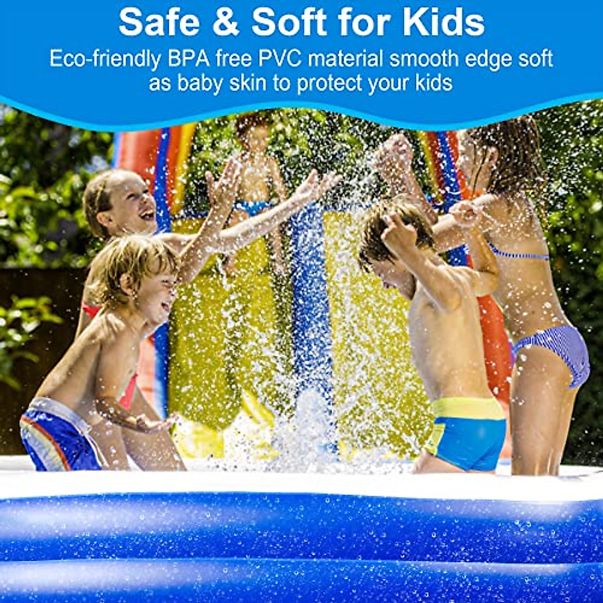 Inflatable Pool Kiddie Pool, 102" x 67" x 21" Family Swim Center Rectangular Swimming Pools for Kids, Adults, Babies, Toddlers, Outdoor, Backyard, Garden, Summer Pool Party