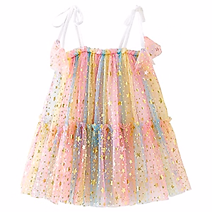 AGQT Toddler Girls Tutu Dress Sleeveless Kids Tulle Tutu Dress Birthday Party Babydoll Dresses Star-Yellow Rainbow Size 2-3T