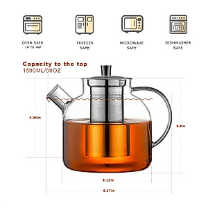 1500ml(52oz) Glass Teapot with Removable Infuser, Ehugos Stovetop Safe Large Tea Pot, Blooming and Loose Leaf Hand Crafted Kettle for Women and Adult with Stainless Infuser